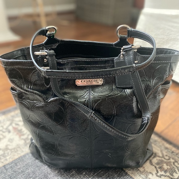 Coach | Bags | Coach Signature Embossed Black Patent Leather Tote Bag ...